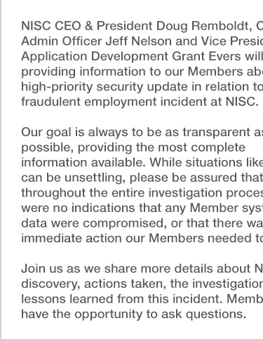 Webinar: NISC Security Upgrade/Fraudulent Employee Incident